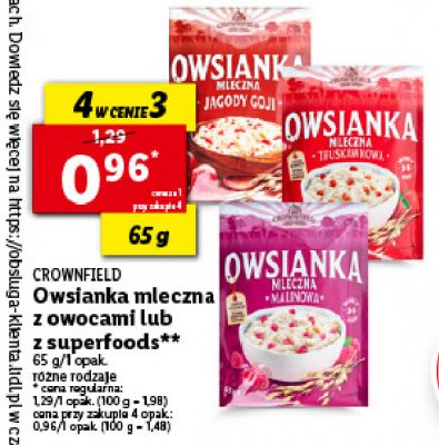 Owsianka mleczna truskawkowa Crownfield - cena - promocje - opinie - sklep | Blix.pl