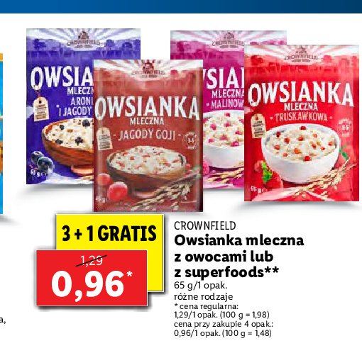 Owsianka mleczna truskawkowa Crownfield - cena - promocje - opinie - sklep | Blix.pl